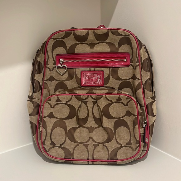 Coach | Bags | Coach Bookbag Beige Pink Signature Poppy F22948 Backpack ...